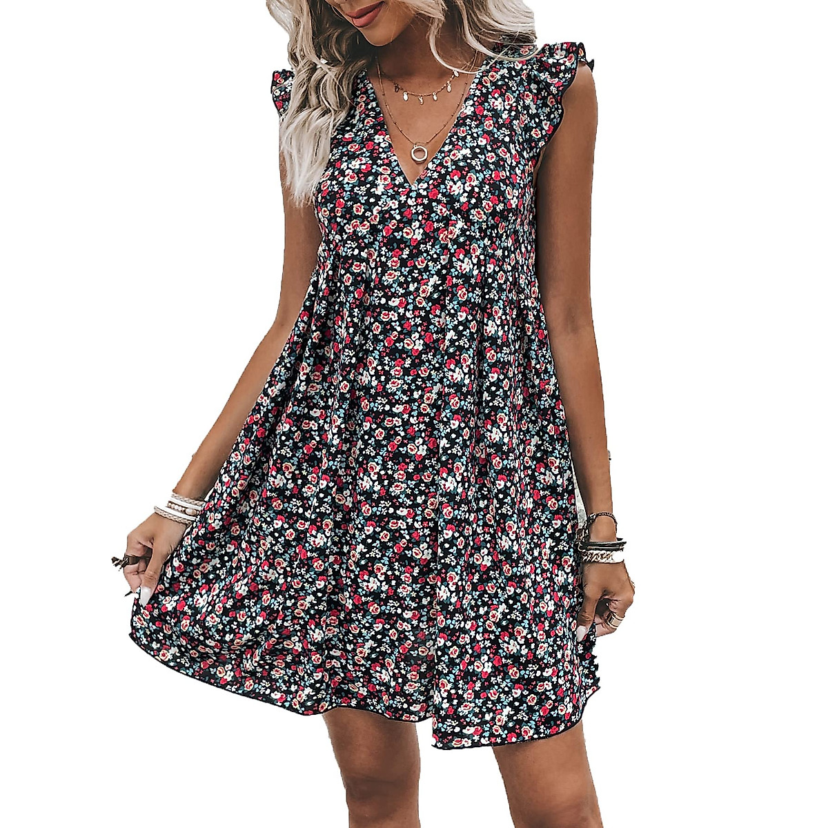 Verdusa Women's Floral Print Ruffle Trim Tie Backless V Neck Smock Short Dress Black and Pink XL