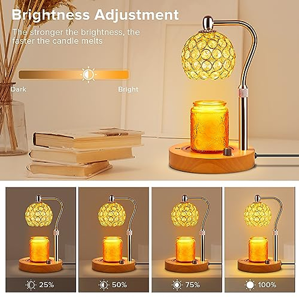 Candle Warmer Lamp with Timer 2H/4H/6H, Height & Heat Adjustable Lamp Candle Warmer, Electric Candle Warmer with Oak Base and 2 * 50W Bulbs, Wax Warmer for Scented Wax(Champagne)