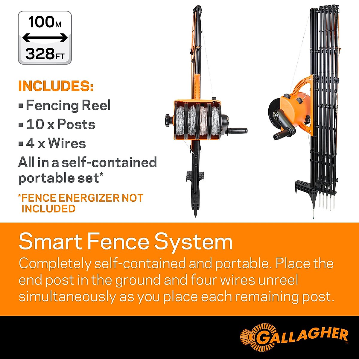 Gallagher Smart Fence 2 | Portable Fence for Containing Animals, Temporary Field Fencing, Quick and Easy Install, Safe and Versatile | 328ft of 4-Strand Electric Fencing
