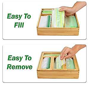 Hencoz Bamboo Ziplock Bag Organizer for drawer - Fits Gallon, Quart, Sandwich & Snack ziploc bags storage box with 4 compartments Suitable any brand Great kitchen organization (Hen001)