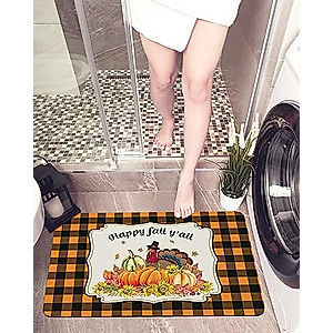 Bathroom Floor Shower Mat, Non-Slip Small Rugs - Easy to Clean, Thanksgiving Turkey Fall Pumpkin and Sunflowers Durable Bath Rug 18"x30" Washable Quick Dry Diatomaceous Earth Mats for Bathtubs