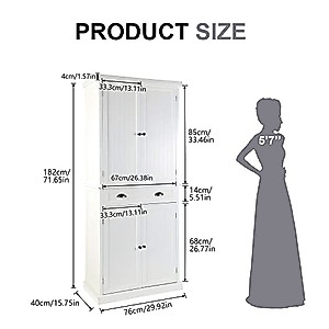 Yusong 72'' Tall Kitchen Pantry Cabinet, Farmhouse Storage Cabinet with 4 Doors, Drawer and Adjustable Shelf, Freestanding Wooden Cupboard Buffet for Home Dining Room Living Room Entryway, White