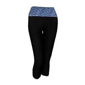 Womens Two Tone Foldover Fabirc Stretch Yoga Gym Capri Leggings Pants - Black/Royal Blue, L/XL