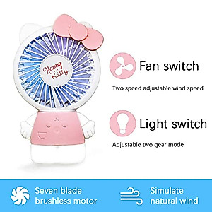 Portable Personal Small Desk Fan, Mini fans USB Battery operated Cute Kitty Cat Design, With Small Night Light And LED Colorful Atmosphere Light (Pink)