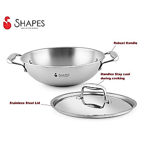 Shapes Stainless Steel Cookware Tri-Ply Wok with Lid, Multipurpose Pan, Capacity - 4 Quart, Silver - Use for Home, Kitchen and Restaurant - Easy to Clean and Dishwasher Safe