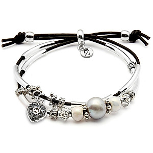 Lizzy James Ria Large Freshwater Pearl Bracelet with 2 Adjustable Natural Black Leather Strands Silver Crescents & Beads w/Etched Silver Heart Charm for Women