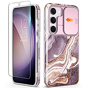 GVIEWIN Compatible with Samsung Galaxy S23 Case with Slide Camera Cover + Screen Protector, [10FT Military-Grade Drop Tested] Marble Slim Fit Shockproof Protective Phone Case 6.1" 2023(Burgundy/Gold)