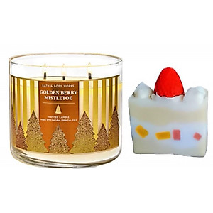 Bath & Body Works- 3-Wick Scented Candle 14.5 OZ Burns 25-45 Hours and Strawberry Cake soap (Golden Berry Mistletoe)