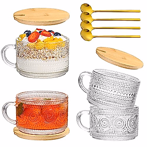 GUUTRY Vintage Coffee Mugs Set of 4: Glass Coffee Cups with Bamboo Lids and Spoons - 14 Oz Clear Embossed Glassware Tea Cups - Iced Coffee Glasses/Overnight Oats Container/Coffee Bar Accessories