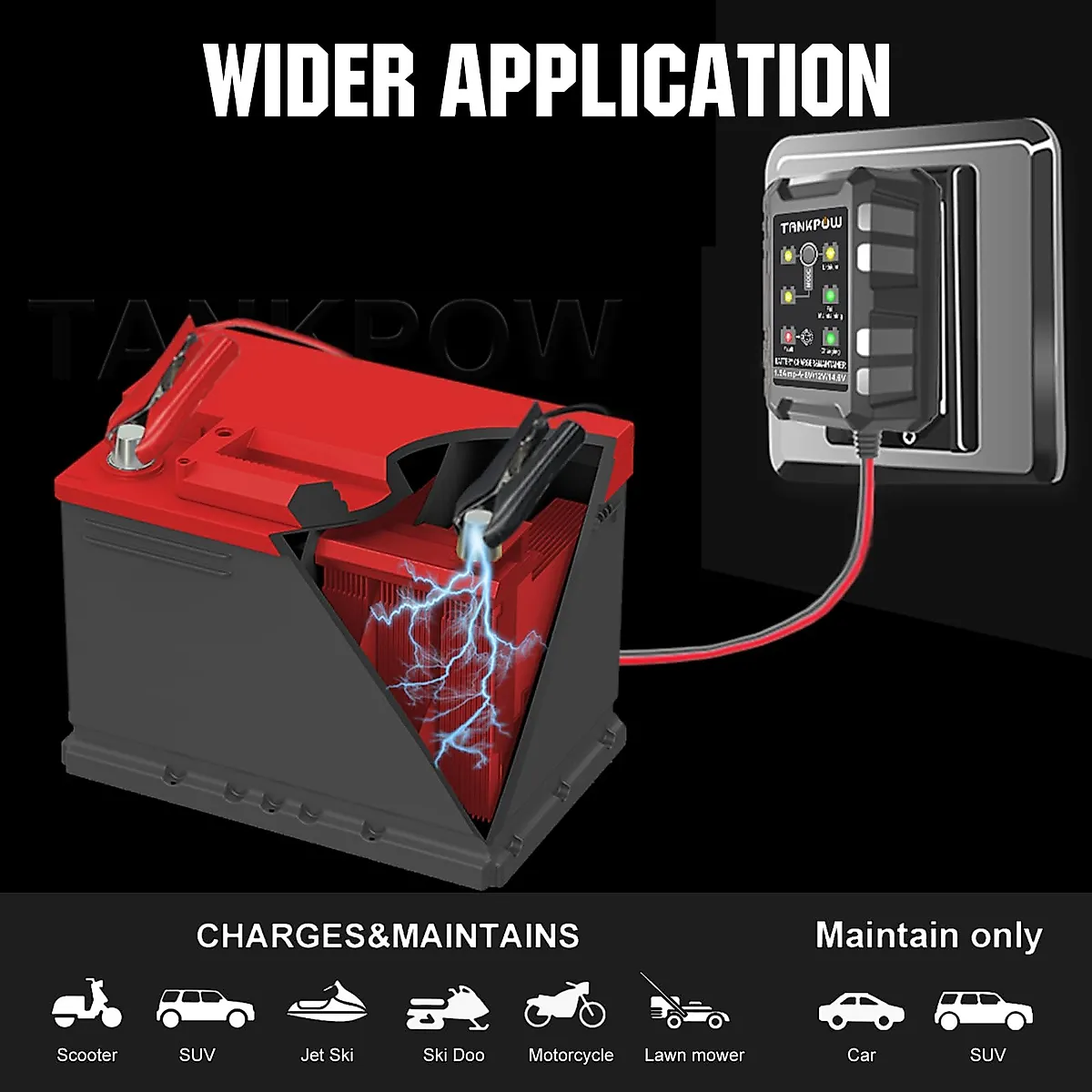 TANKPOW 1.5-Amp Smart Car Battery Charger,6V and 12V Automotive Battery Charger Battery Maintainer,Trickle Charger,Float Charger for Cars,Motorcycle,ATV,AGM,Gel,Lithium and Deep Cycle Batteries