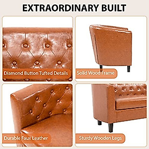 Emma Love Seat, Button Tufted Faux Leather Barrel Loveseat, Midcentury Modern 2 Seater Sofa Couch, Small Loveseat for Small Spaces, Bedrooms, Couches for Living Room, Easy Tool-Free Assembly - Caramel
