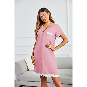 Ekouaer Ladies Night Gown Deep V Neck Short Sleeve Nightshirts Pj Dress Button Pajama Dress Pink