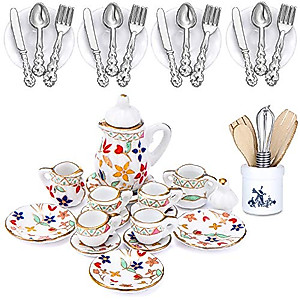 37 Pieces 1:12 Scale Miniatures Dollhouse Kitchen Accessories Include 16 Mini Doll Plates Knife Fork Spoon, 6 Mini Egg Beater Utensil, 15 Mini Tea Cup Set for Doll Toy Supplies (Flora Bloom)