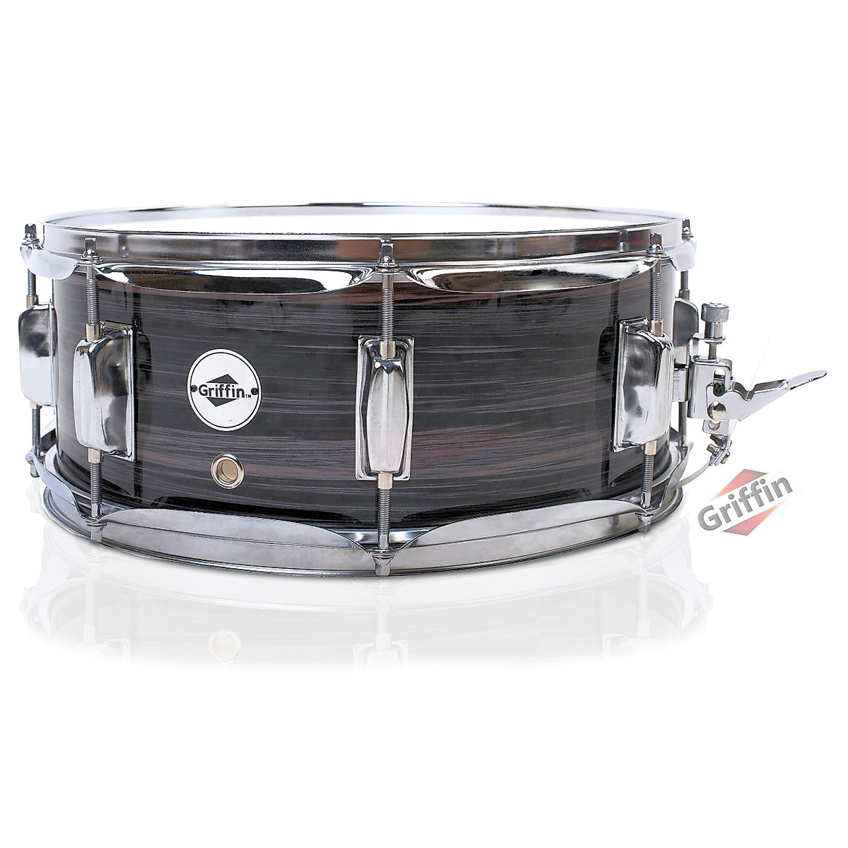 Deluxe Snare Drum by GRIFFIN | 14" x 5.5" Poplar Wood Shell with Zebra PVC Glossy Finish | Percussion Musical Instrument with Drummers Key for Students & Professionals | 8 Tuning Lugs & Snare Strainer