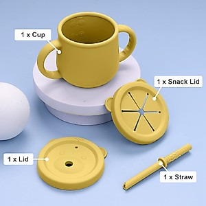 Baby Straw Cup Silicone Toddler Sippy Cup with Straw & Snack Lid, Sprill Proof Training Cup for Infant 6+ Months, Kid Snack Cup Drinking Open Cup 8 OZ (Waterspout Blue)