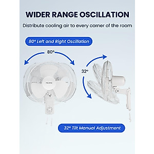 PELONIS 16’’ Wall Mount Fan with 3 Speed Settings Oscillating Household Wall Mounted Fan with Adjustable Tilt High Velocity for Garage Patios Bedroom, 2 Packs White