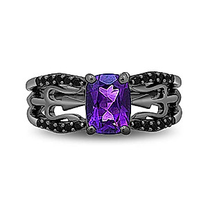 Jewelili Enchanted Disney Fine Jewelry Black Rhodium over Sterling Silver 8x6 MM Cushion Shape Amethyst and 1/5 Cttw Treated Black Round Diamond Ursula Ring, Size 7