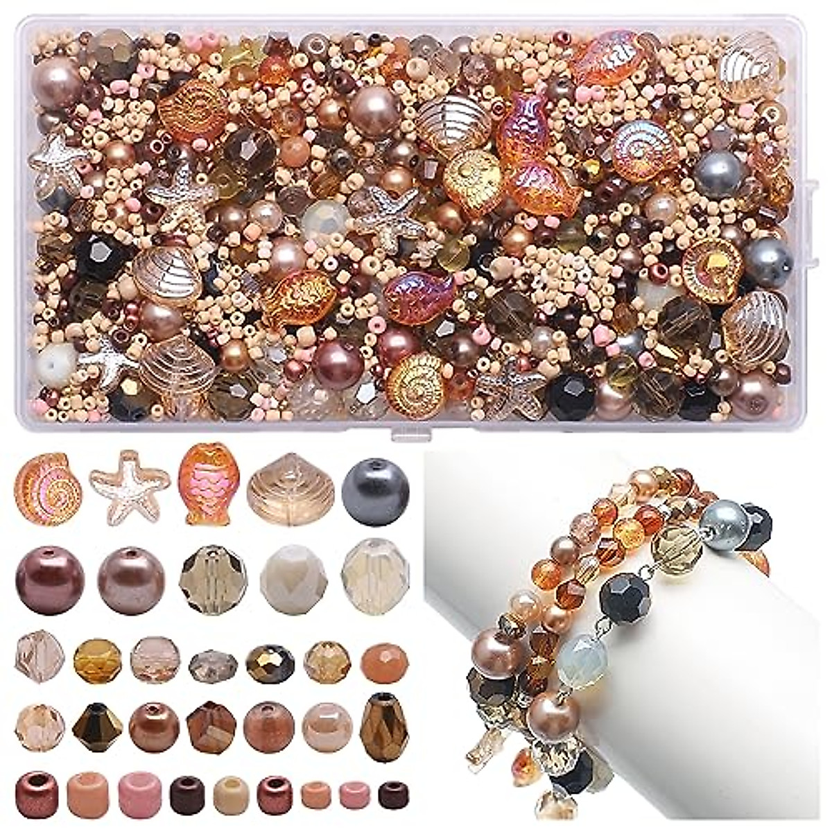 KINGSHINE 870pcs Craft Beads for Jewelry Making, Glass Beads for Bracelets Making Kit with Loose Spacer Beads, Including Fish/Shells/Starfish/Snails Beads, Gift for Her (Amber Color)