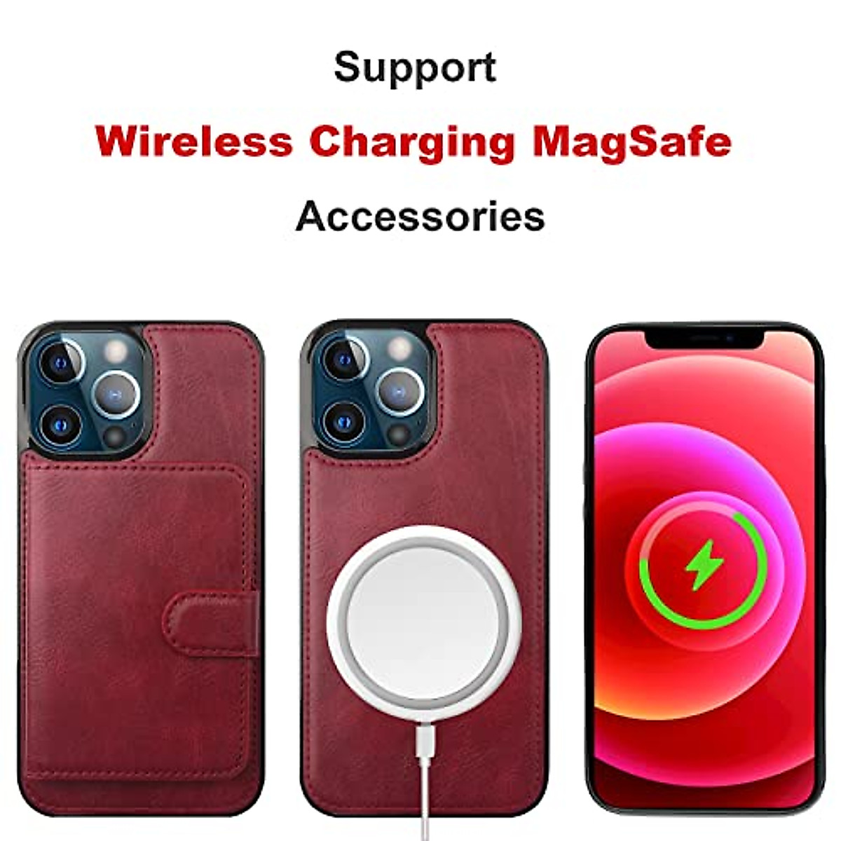 Bocasal Wallet Case for iPhone 13 Pro Max Compatible with MagSafe Magnetic RFID Blocking Detachable Premium PU Leather Flip Case with Card Slots Holder Kickstand Wireless Charging 6.7 Inch (Wine Red)