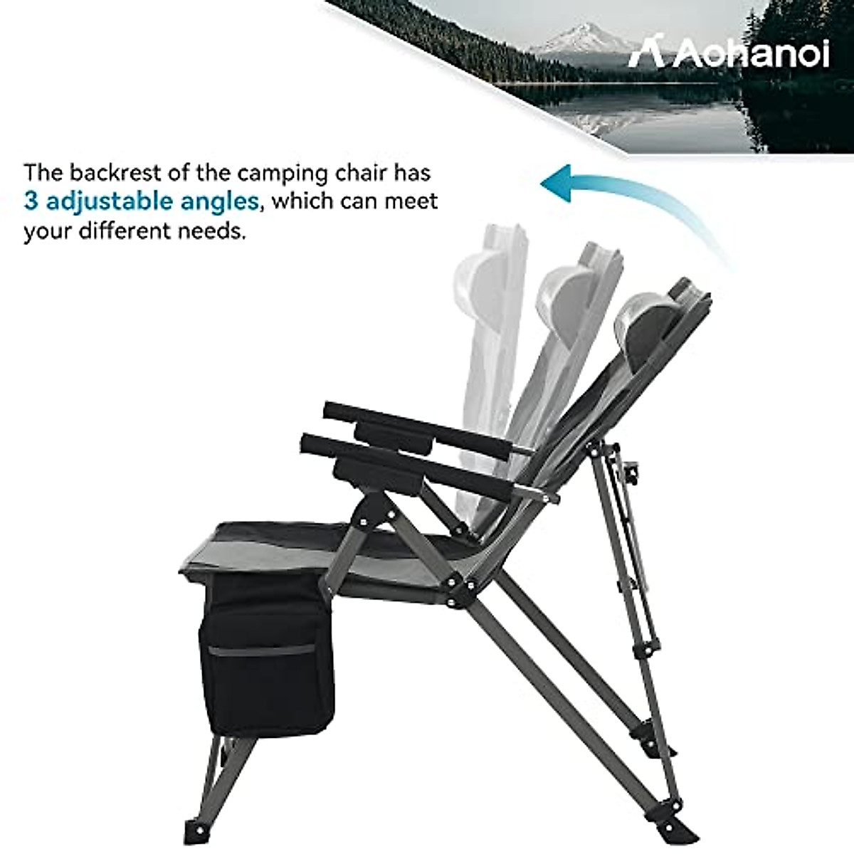 Aohanoi Camping Chairs, Camping Chairs for Heavy People, Outdoor Folding Chairs with Adjustable Angled Backrest, Lawn Chairs Folding Supports up to 300lbs (2 Pcs, Grey)