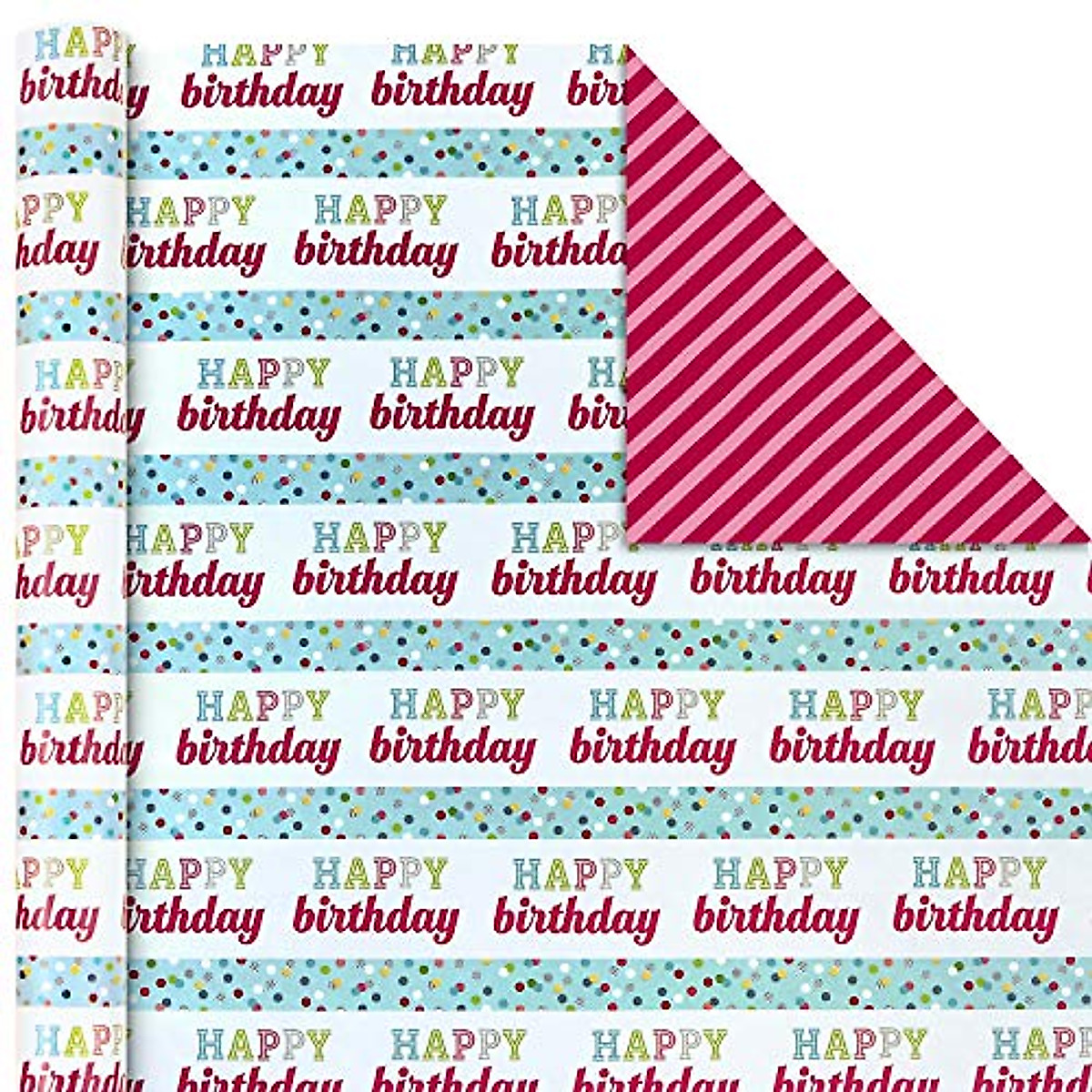 Hallmark Reversible Wrapping Paper Bundle (3 Rolls - 75 sq. ft. ttl: "Happy Birthday," Cupcakes, Stripes, Flowers, Polka Dots) in Yellow, Pink, Teal Blue, Black and White for Baby, Bridal, Birthdays