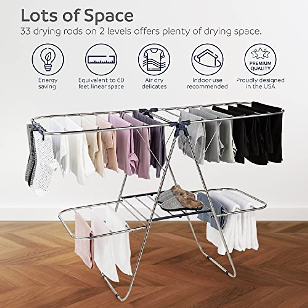 Foldable Premium Clothes Drying Rack, Large 2- Layer Stainless Steel Drying Rack for Sheets, Towels & Clothing Including 33 Hanging Rails, Height Adjustable and 32 Clips for Socks & Underwear - Blue