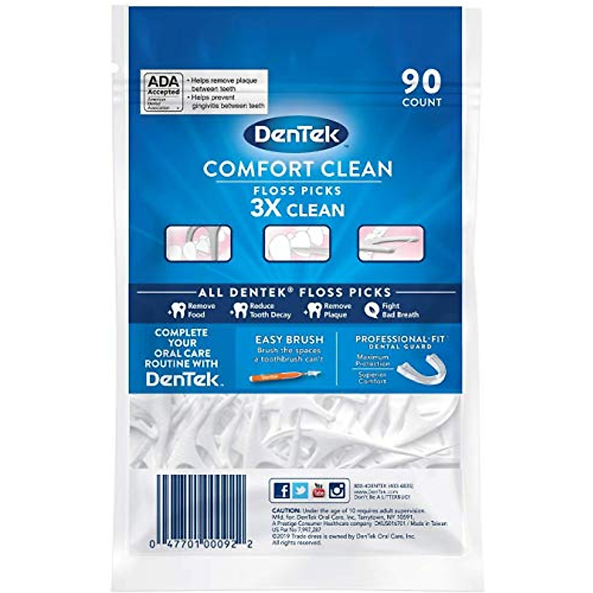 DenTek Comfort Clean Floss Picks for Sensitive Teeth, Soft and Silky Ribbon, 90 count Each (Pack of 1)