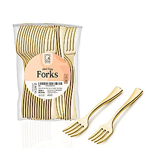 Mini Gold Fork, Gold Plastic Tasting Fork, (4 inch 36 Count) Gold Mini Plastic Forks for Ice Cream Sampling, Appetizers Tasting, Puddings, Gelato, Cockatils - Posh Setting