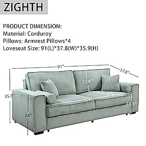 ZIGHTH 91-Inch Corduroy Queen Size Sleeper Sofa Bed with Storage, Convertible Sleeper Couch with Pull Out Bed and 4 Pillows, Hide a Bed Couches for Bedroom, Living Room, Small Places (Gray Green)