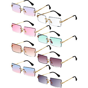 Weewooday 8 Pairs Vintage Rimless Rectangle Sunglasses Tinted Lens Gold Metal Frameless Eyewear Sunglasses for Women Men (Elegant Colors)