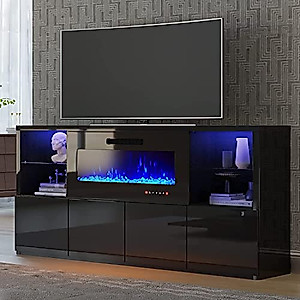Amerlife 68" TV Stand with 40" Electric Fireplace, Modern High Gloss Media Entertainment Center with LED Lights for TVs up to 78", TV Console Cabinet with Glass Shelves Lower Storage, Black