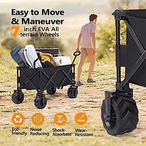 VINGLI Collapsible Wagons Carts, Heavy Duty Foldable Utility Garden Grocery Shopping Cart with Big All-Terrain Beach Wheels & Drink Holders with 220lbs Weight Capacity (Black)