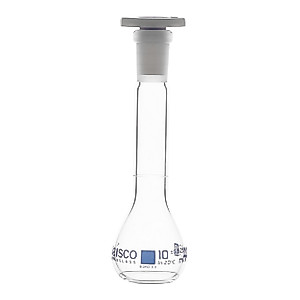 EISCO Volumetric Flask, 10ml - Class A - 10/19 Polyethylene Stopper, Borosilicate Glass - Blue Graduation, Tolerance ±0.025