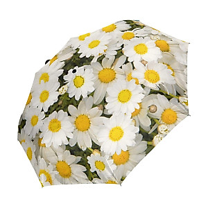 senya White Daisy Compact Travel Umbrella Sun and Rain Windproof Auto Open Close Folding Umbrella