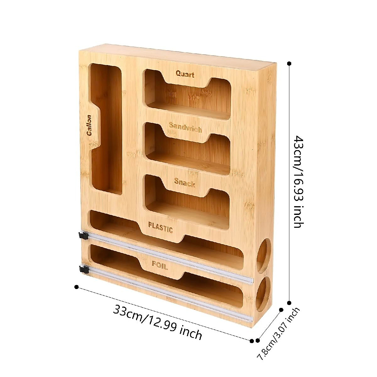 Generic Bag Storage Organizer for Kitchen Drawer, 6 in 1 Foil and Plastic Wrap Dispenser with Cutter, Bamboo Plastic Bag Food Baggie Organizer, brown, M-4hf01