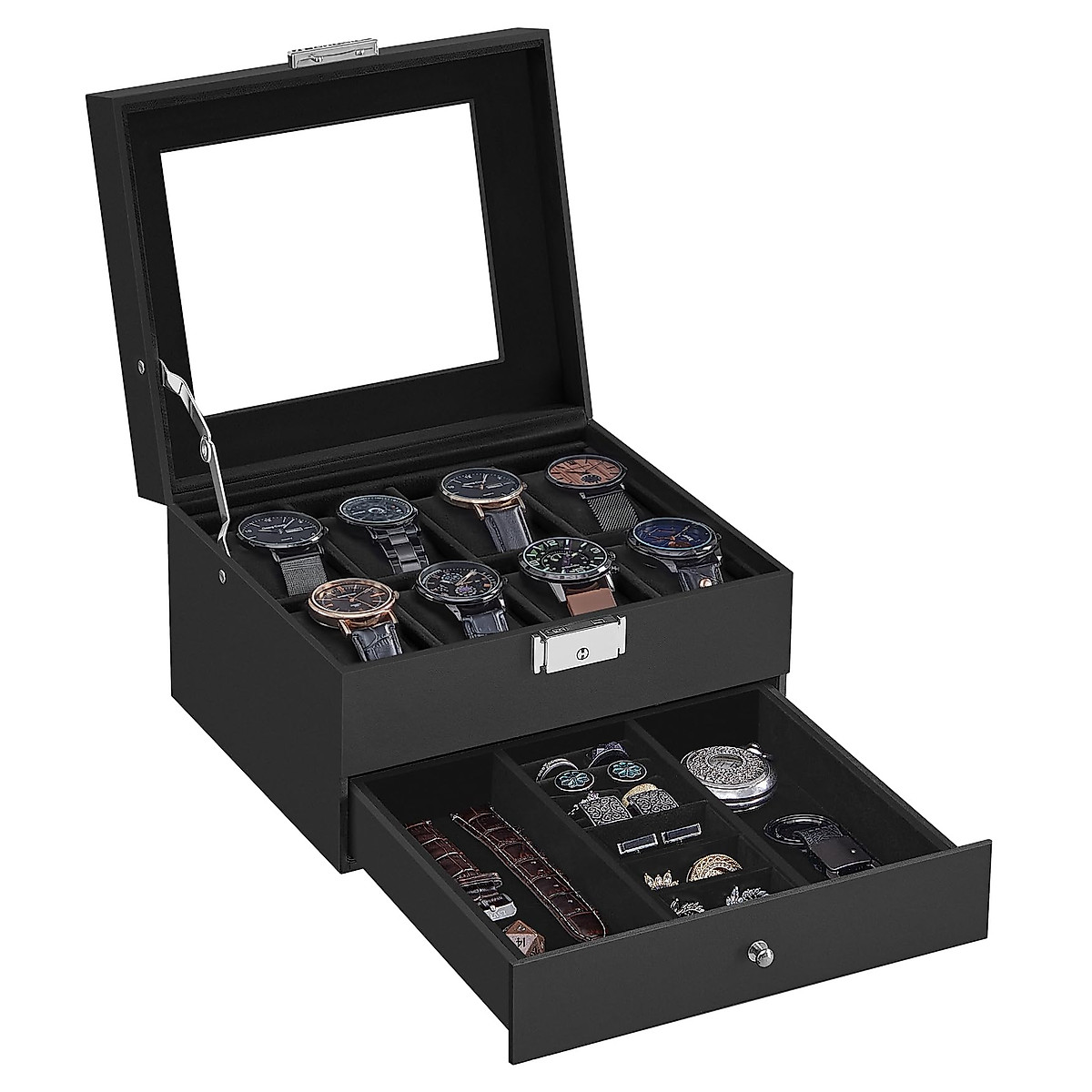 SONGMICS 8-Slot Watch Box, Lockable Watch Case with Glass Lid, 2 Layers, with 1 Drawer for Rings, Bracelets, Gift Idea, Black Synthetic Leather, Black Lining UJWB080B01
