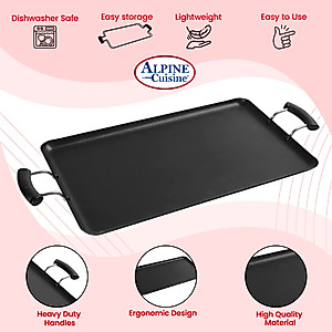 Alpine Cuisine Aluminum Griddle Pan 19x11in | Nonstick Coating & Heat Resistant | Gas Stove Griddle for Cookware with Double Handle - Ideal for BBQ & Serving Pancakes, Hand Wash - Gray