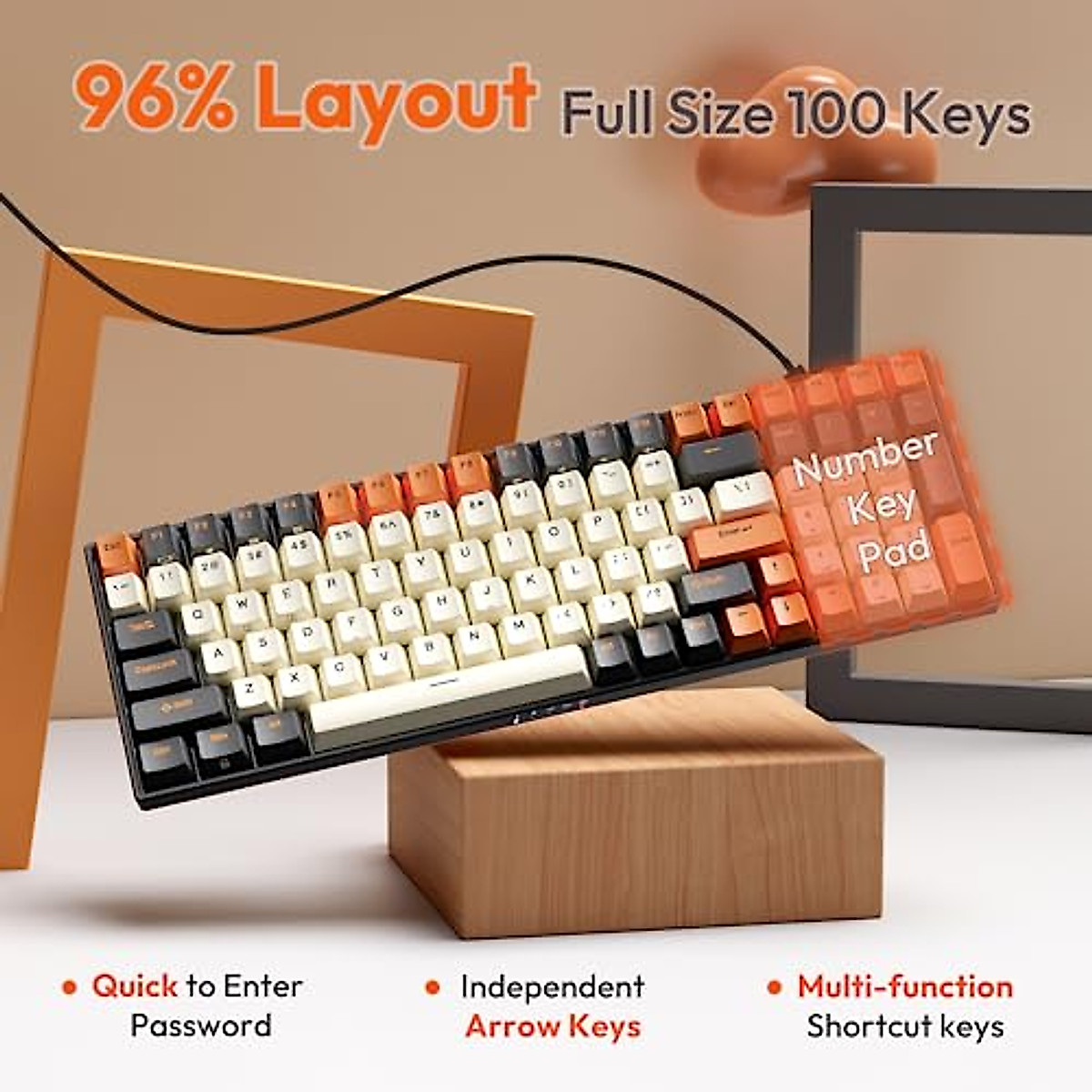 RK ROYAL KLUDGE RK100 Wireless Mechanical Keyboard, Bluetooth5.1/2.4G/Wired 96% Full Size 100-Key Hot Swappable Gaming Keyboard with 3 USB Ports, Red Switch for Mac Windows, Carbon