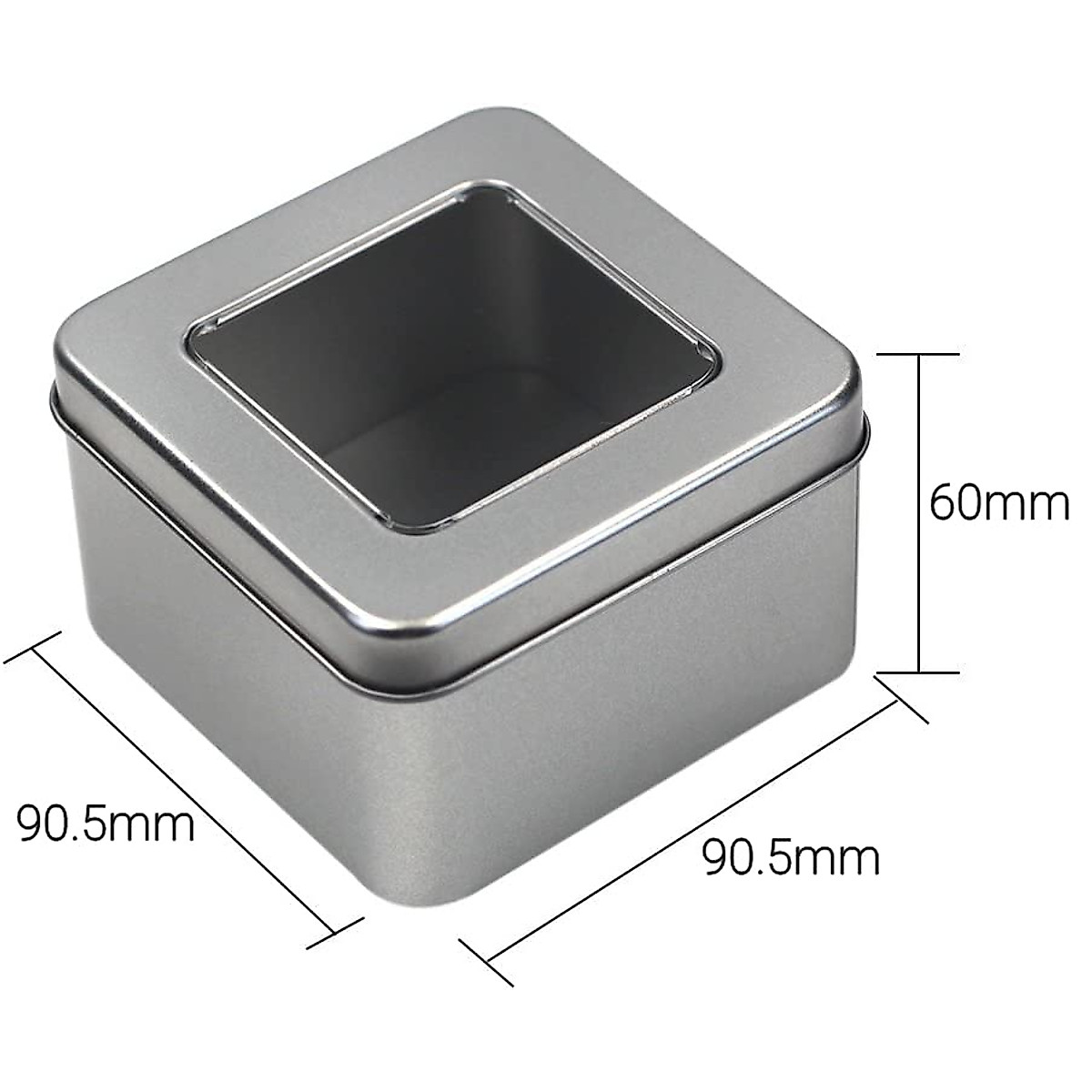 6-Pack of 8 Ounce Metal Box Square Rectangle Storage Tin Container Set with Large Clear Window Lids 3.6 x 3.6 Inches base x 2.4 inches tall