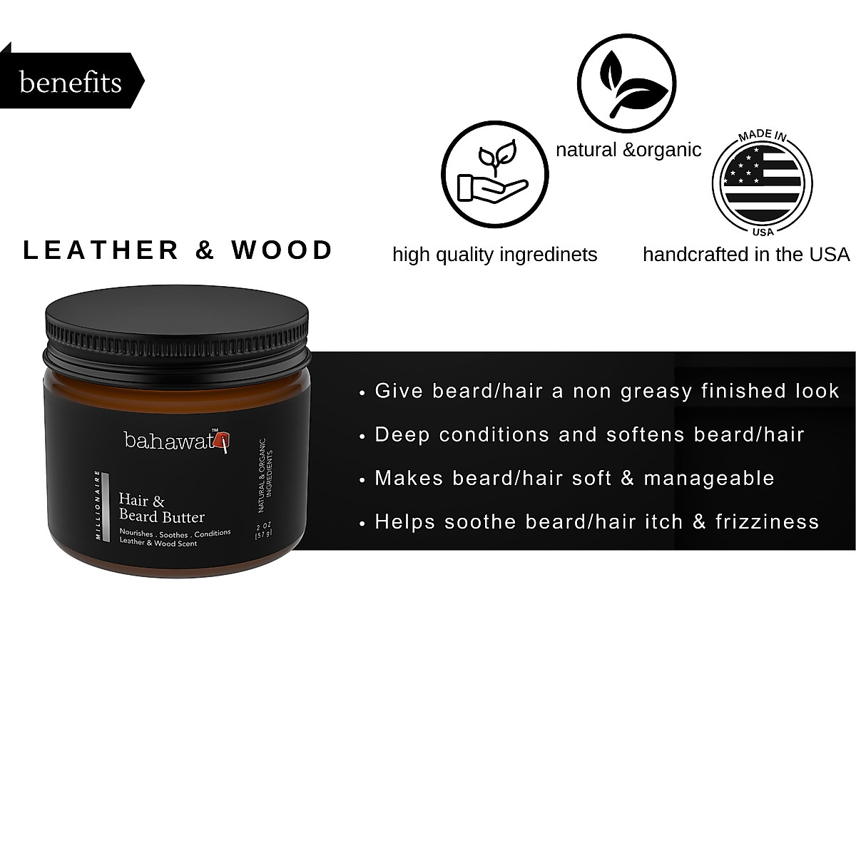 BAHAWAT Beard Butter for Men Leave-in Conditioner Leather, Sandalwood - Strengthen, Soften & Moisturize While Relieving Itch – Made in USA with Organic, Natural Ingredients Best Beard Butter -2 oz