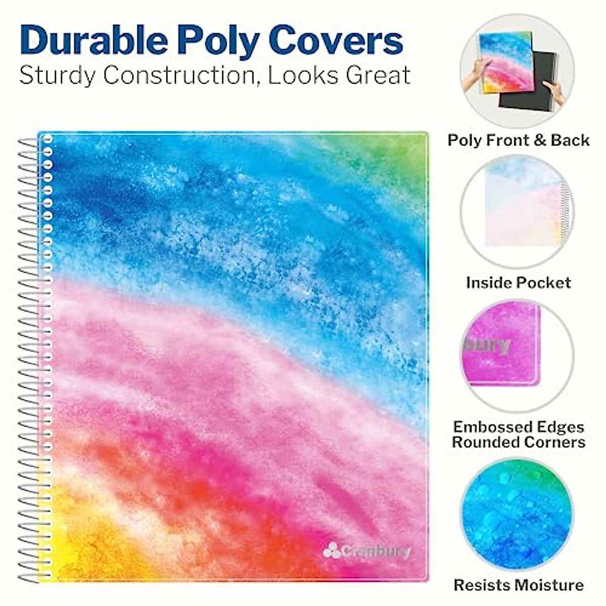 CRANBURY 3-Subject Notebook College Ruled - 300 Pages (150 Sheets) Spiral Notebook 8.5 x 11 with Pockets, Dividers, Tabs, Dual Plastic Covers, School Supplies Multi Subject Notebook