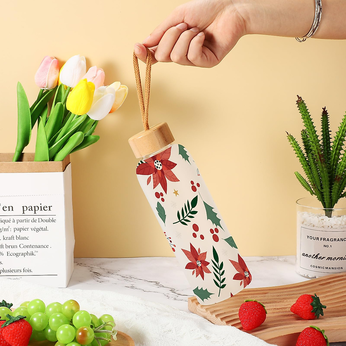 Uiifan 10 Pcs 20 oz Sublimation Glass Blanks with Bamboo Lid and Portable Rope Sublimation Glass Water Bottle Leakproof Sublimation Cups Glass Outdoor Travel Sublimation Tumblers for Heat Press