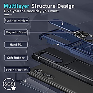 Motorola Moto Edge 2022 Case Built in Slide Camera Cover and Screen Protector [Not for Edge Plus],Heavy Duty Shockproof Full Body Phone Cover,Built in Finger Ring Stable Holder Kickstand,2022 Blue