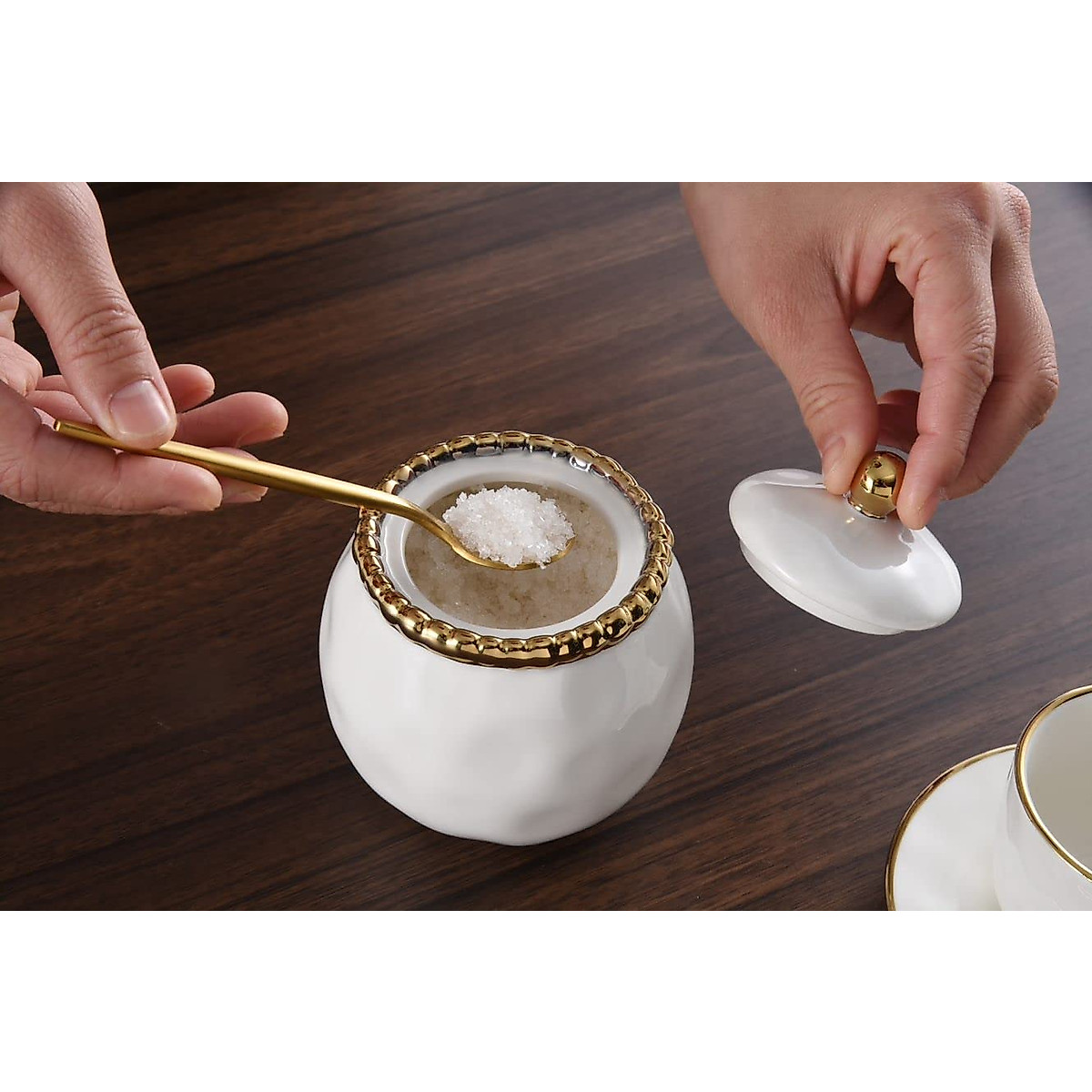 Pampa Bay Golden Salerno Porcelain Covered Sugar Bowl with Beaded Trim, White/Gold