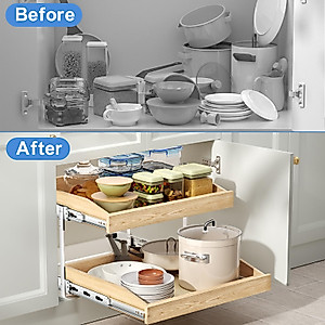 LOVMOR 2 Tier Soft Close Pull Slide Out Cabinet Organizer 22½"W x 21" D,Wooden Cabinet Drawer Organizer with U Bracket,Slide Out Pantry Shelves with Full Extension Rail Slides for Kitchen Cabinet