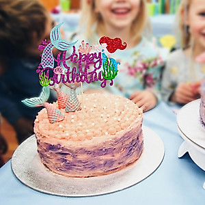 Gyufise 1Pcs Mermaid Happy Birthday Cake Topper Glitter Mermaid Cake Pick Seashells Coral Mermaid Tail Cake Decoration for Under the Sea Baby Shower Birthday Party Supplies Purple