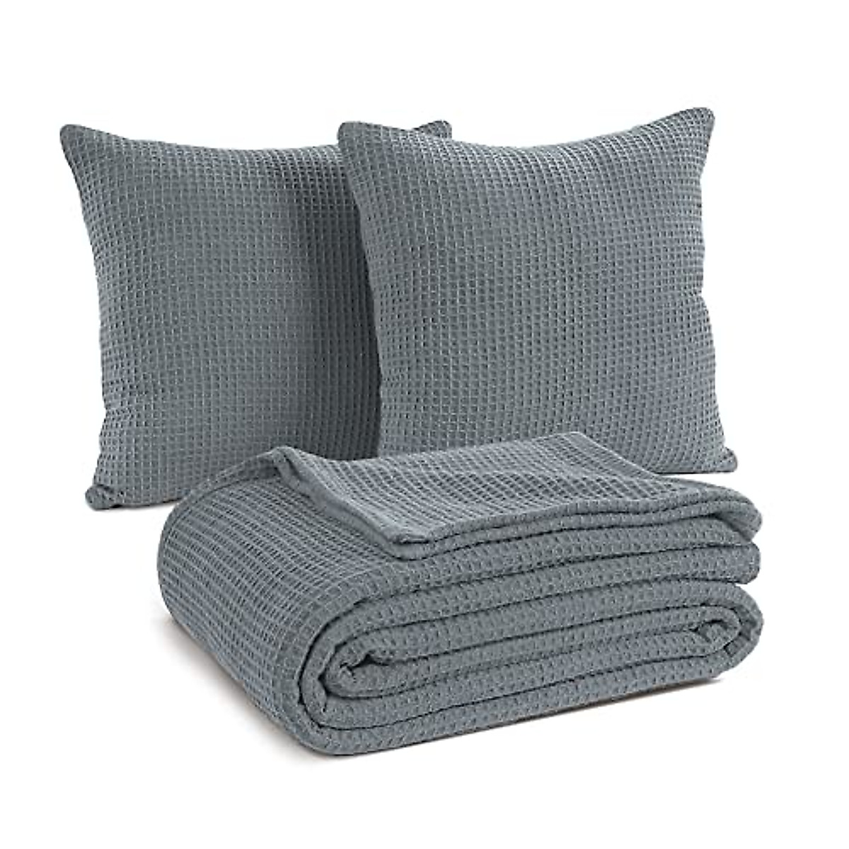 HILLFAIR 100% Cotton Blankets- Twin Blanket with 2 Throw Pillow Covers - Waffle Soft Skin Friendly Cotton Blanket- Twin Bed Blankets– All Season Cotton Throw Blanket– Silver Twin Cotton Blankets