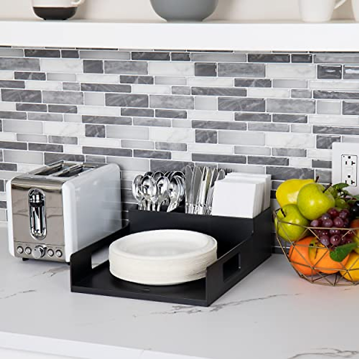 Mind Reader Utensil Napkin & Plate Holder, Silverware Organizer, Serving Tray, Plastic, 11.25"L x 15.25"W x 4.5"H, Black