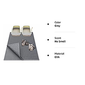 Waretary Cat Litter Mat 36"x 30", Kitty Pretty Litter Box Trapping Mat, Extra Large XL Honeycomb Double Scatter Control Layer Mat, Urine & Waterproof, Washable, Easy Clean, Phthalate Free (Grey)(1 Side Connected)