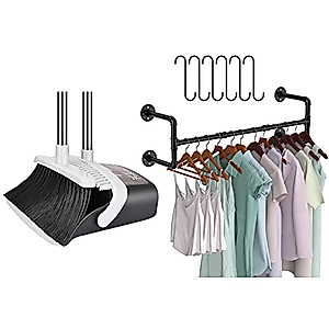 Industrial Pipe Clothes Rack for Hanging Clothes Coats Laundry Room Organizer Storage Hanger Shelf Space Saving, Long Handle Broom and Dustpan Set